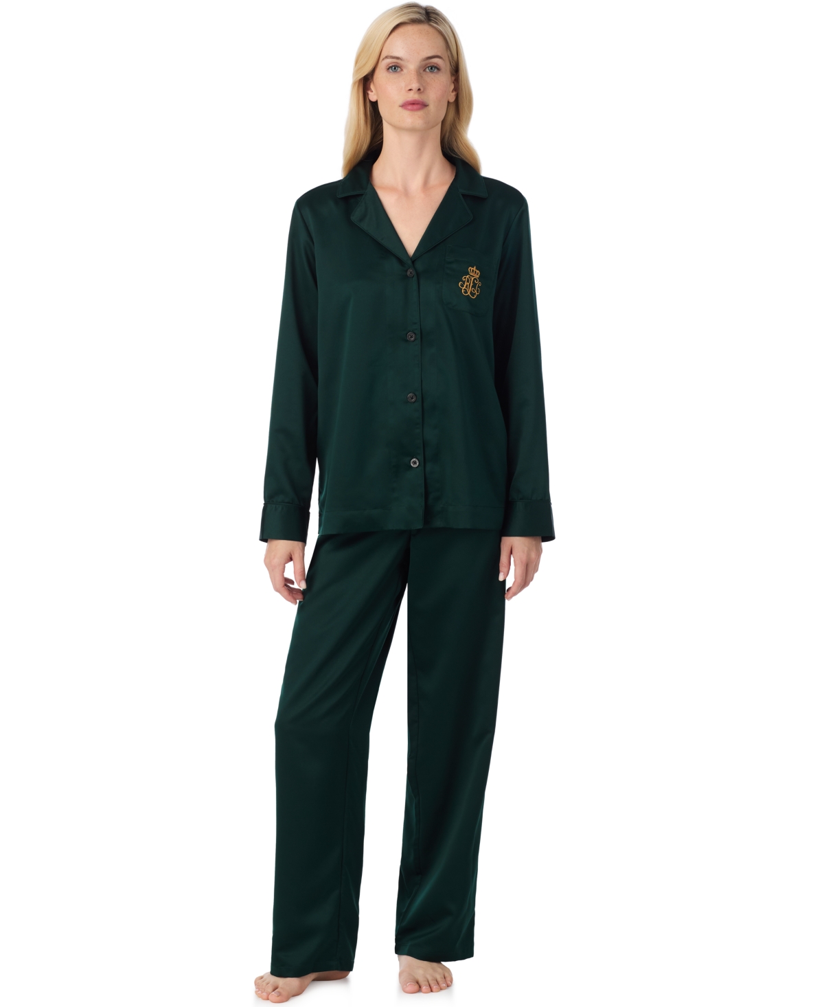 Lauren Ralph Lauren Womens Long Sleeves Notch Collar Pajama Set - Green