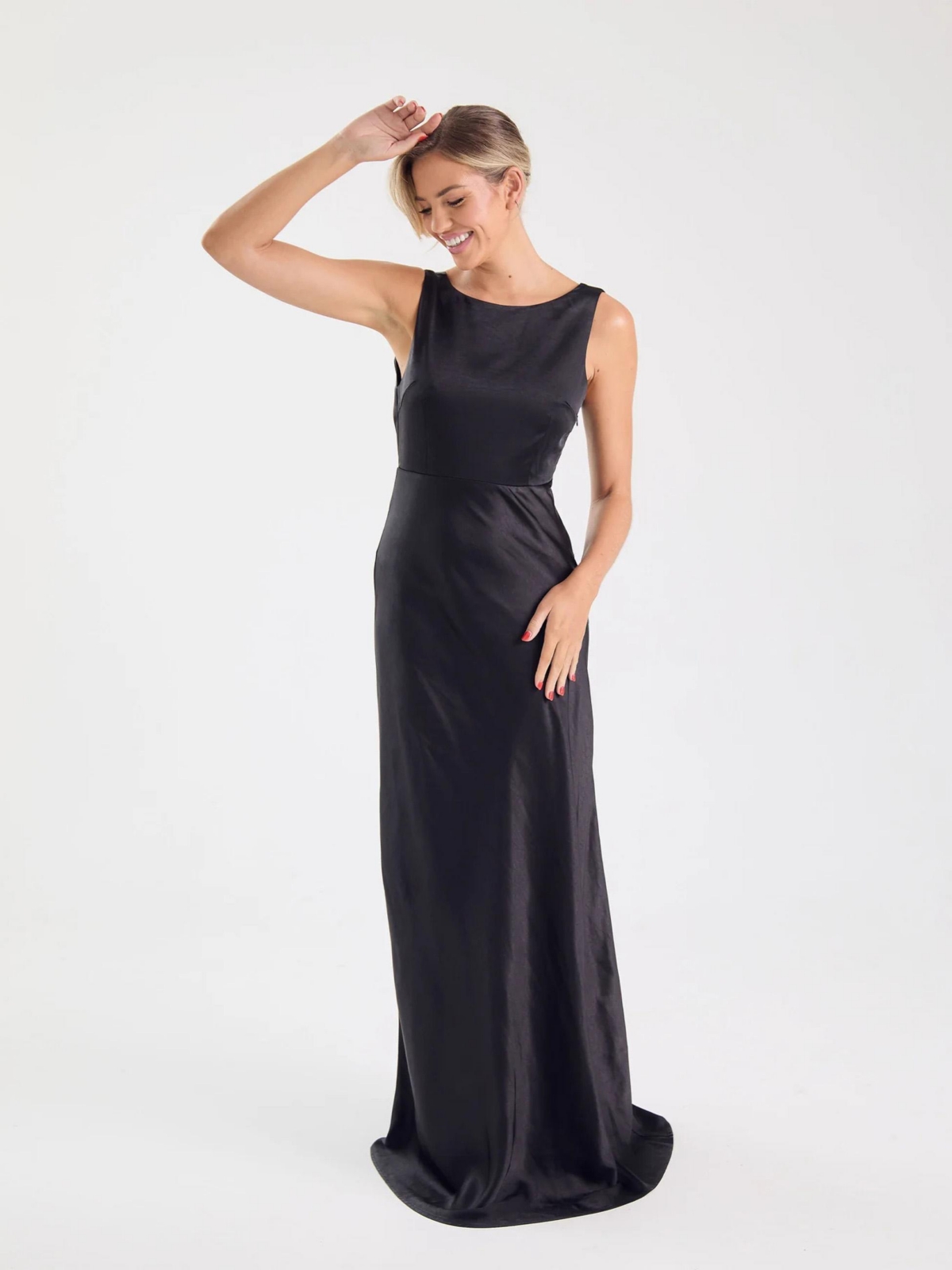 Click here for Six Stories Cowl Back Satin Bridesmaid Dress - Bla... prices