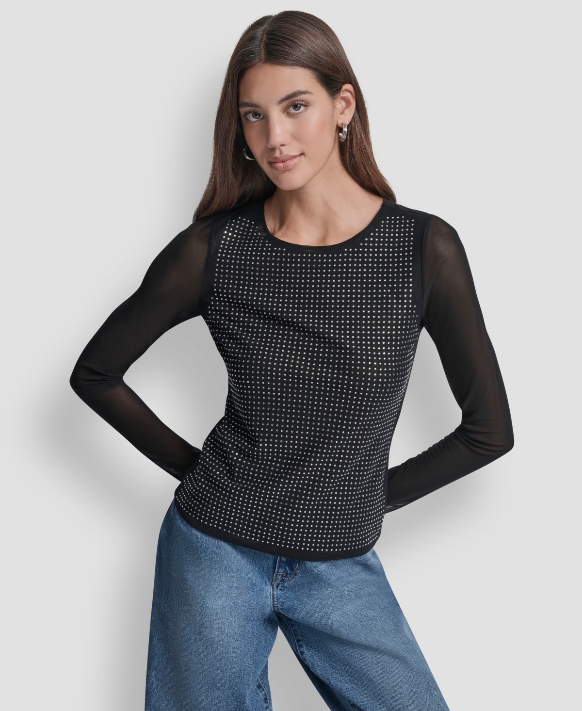 Click here for Dkny Jeans Womens Dome Studs Mesh Long Sleeves Sli... prices