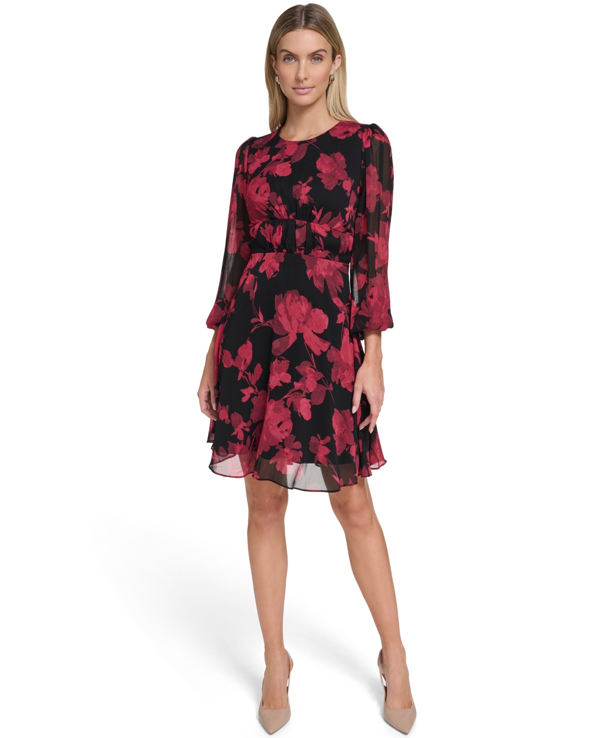 Click here for Calvin Klein Womens Printed Dress - Black/Red Mult... prices