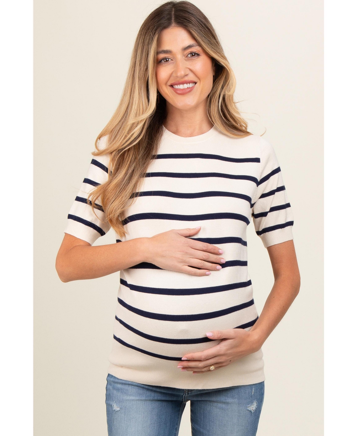 Click here for Pinkblush Maternity Navy Blue Striped Knit Short S... prices