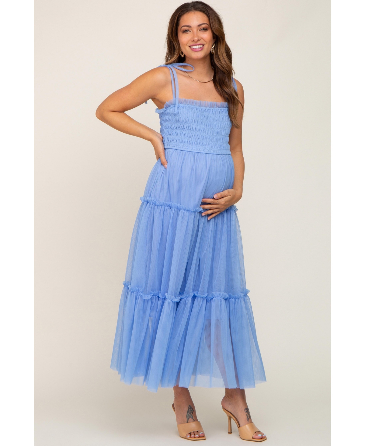 Click here for Pinkblush Maternity Light Blue Smocked Mesh Midi D... prices