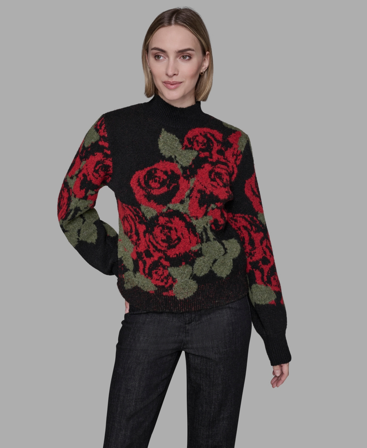 Karl Lagerfeld Paris Womens Mock Neck Rose Print Sweater - Black/red/green