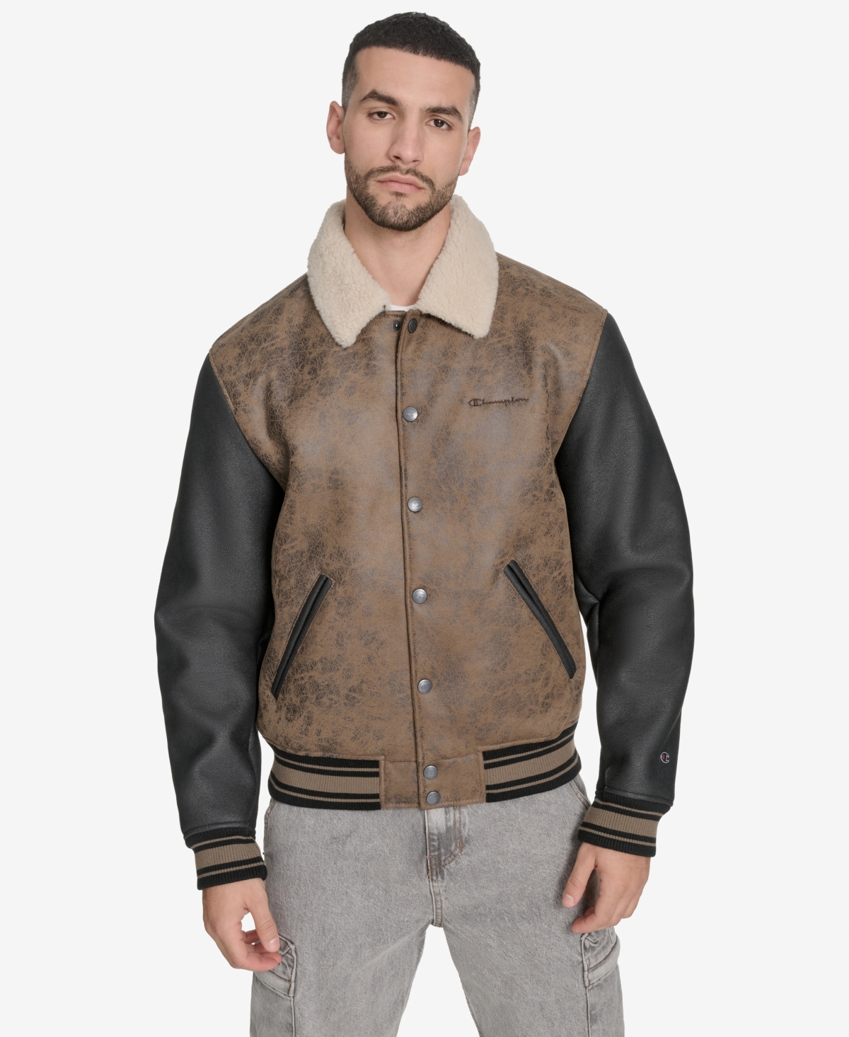 Click here for Champion Mens Faux Shearling Varsity Jacket - Vint... prices
