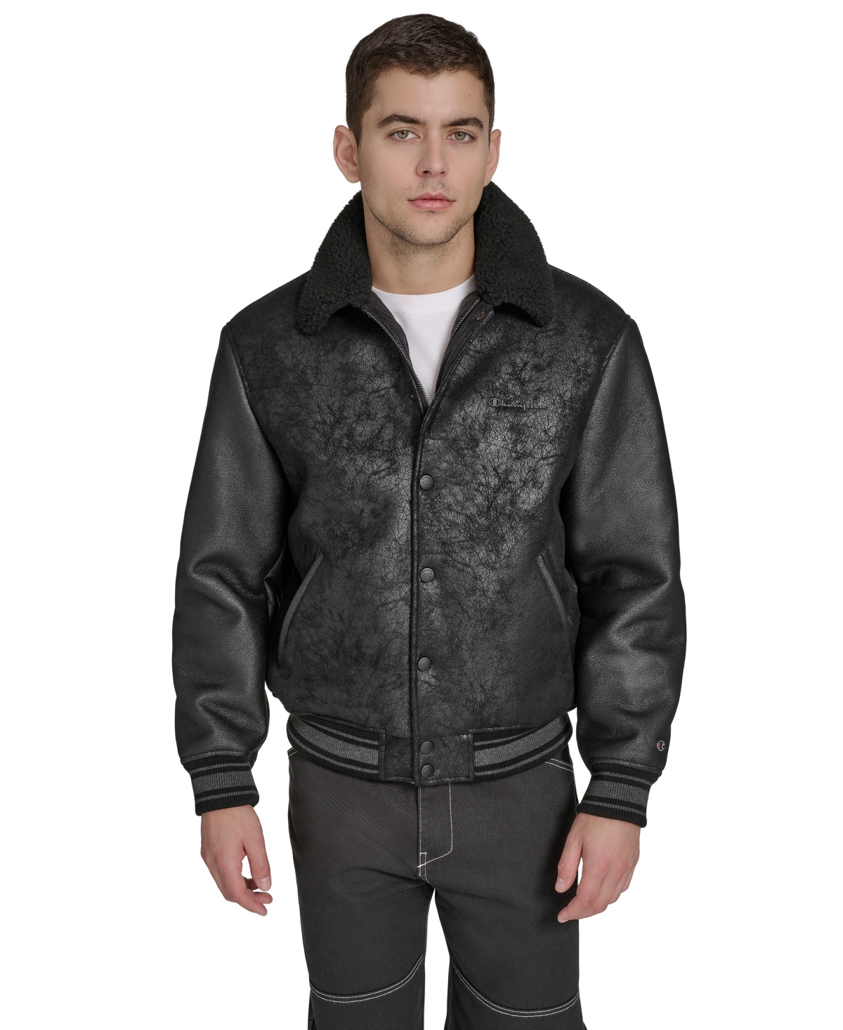 Click here for Champion Mens Faux Shearling Varsity Jacket - Blac... prices