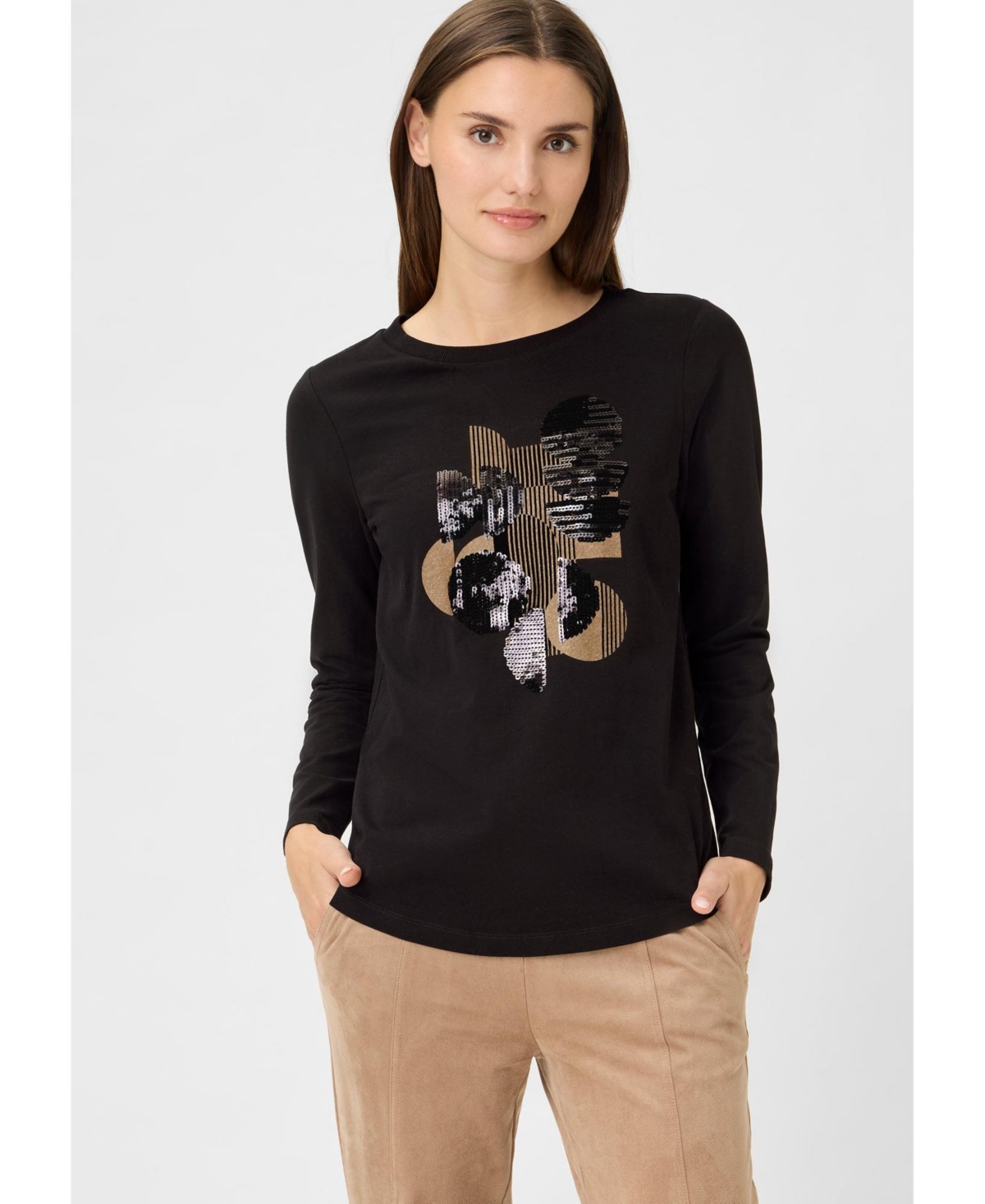 Click here for Olsen Womens Sequin Embellished Placement Print T-... prices