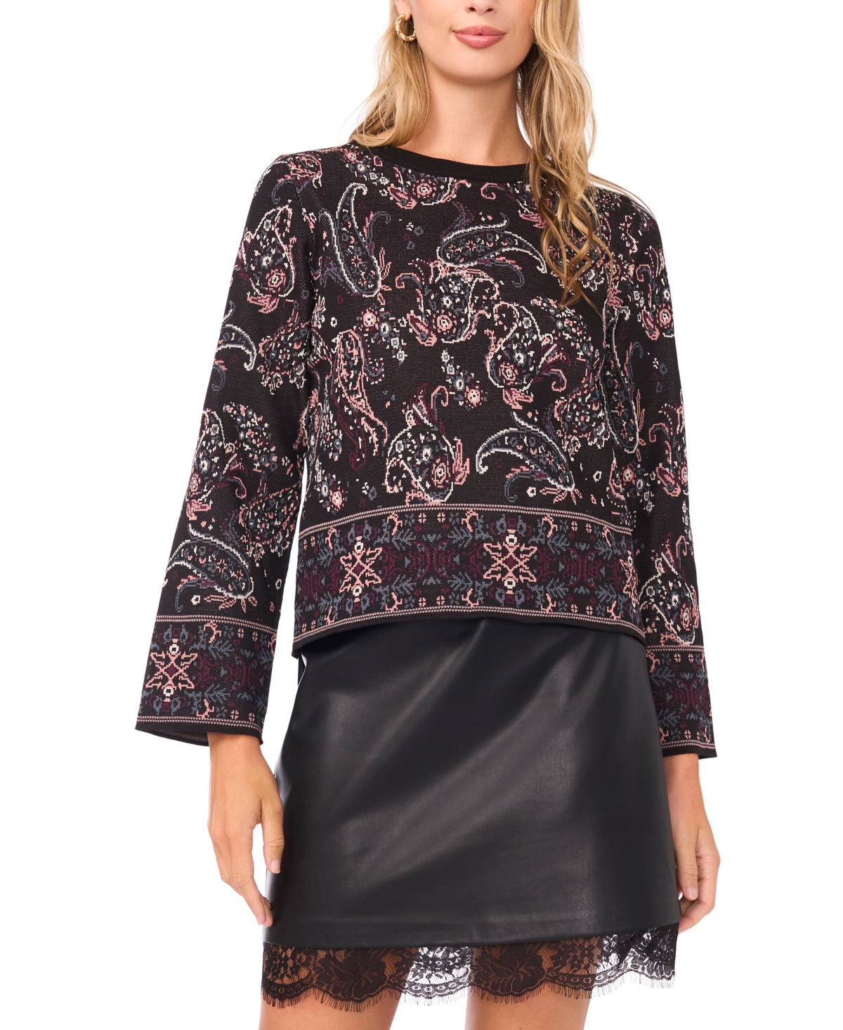 Vince Camuto Womens Paisley Long Sleeves Sweater - Rich Black