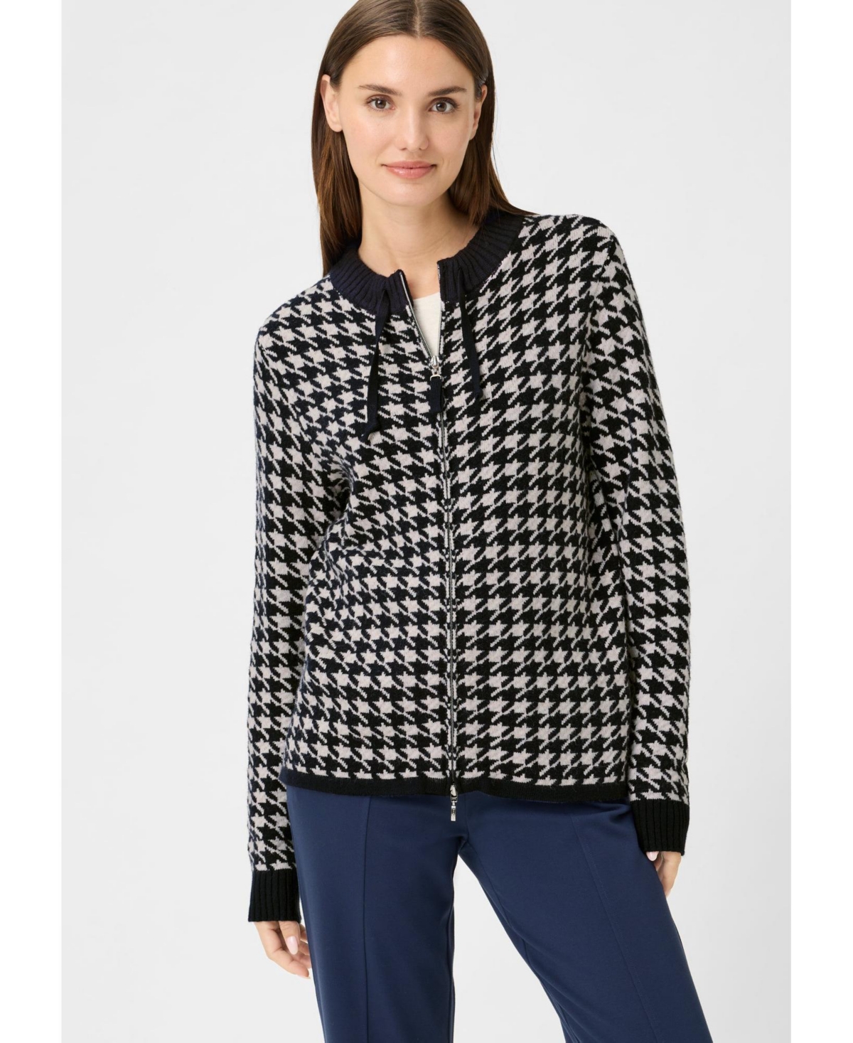 Click here for Olsen Womens Houndstooth Zip Front Cardigan - Ink... prices