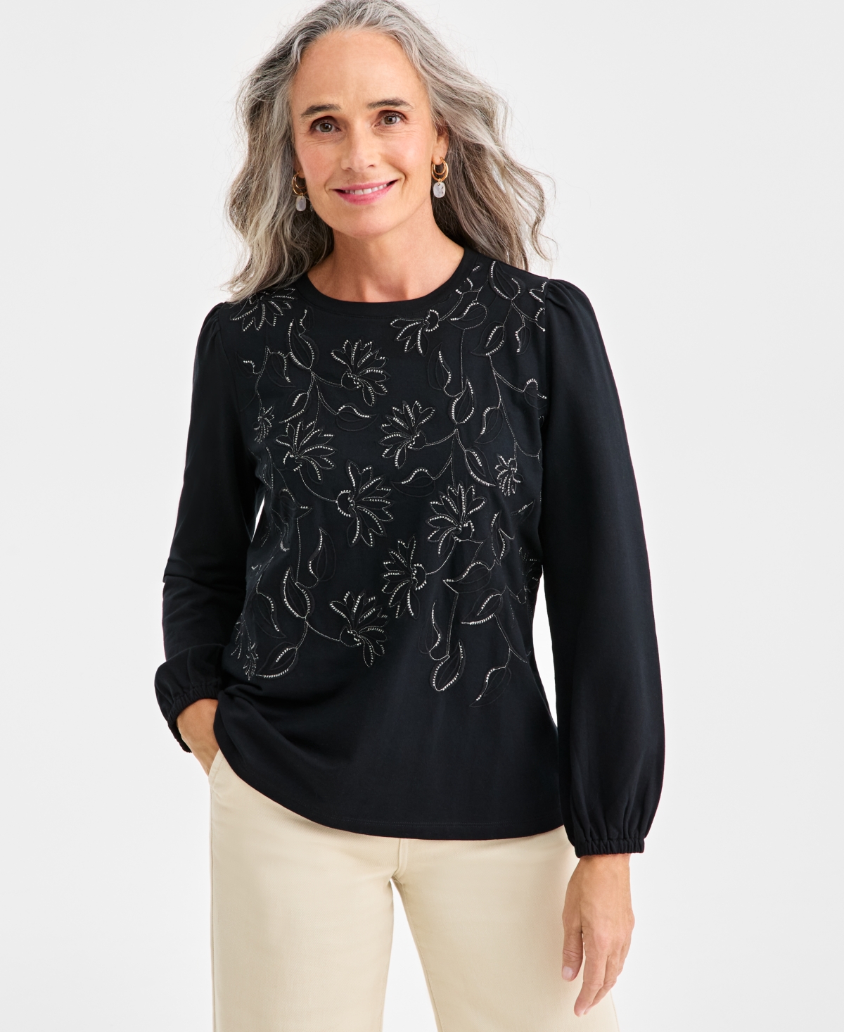 Click here for Style & Co Womens Embroidered Puff-Sleeve Knit Top... prices
