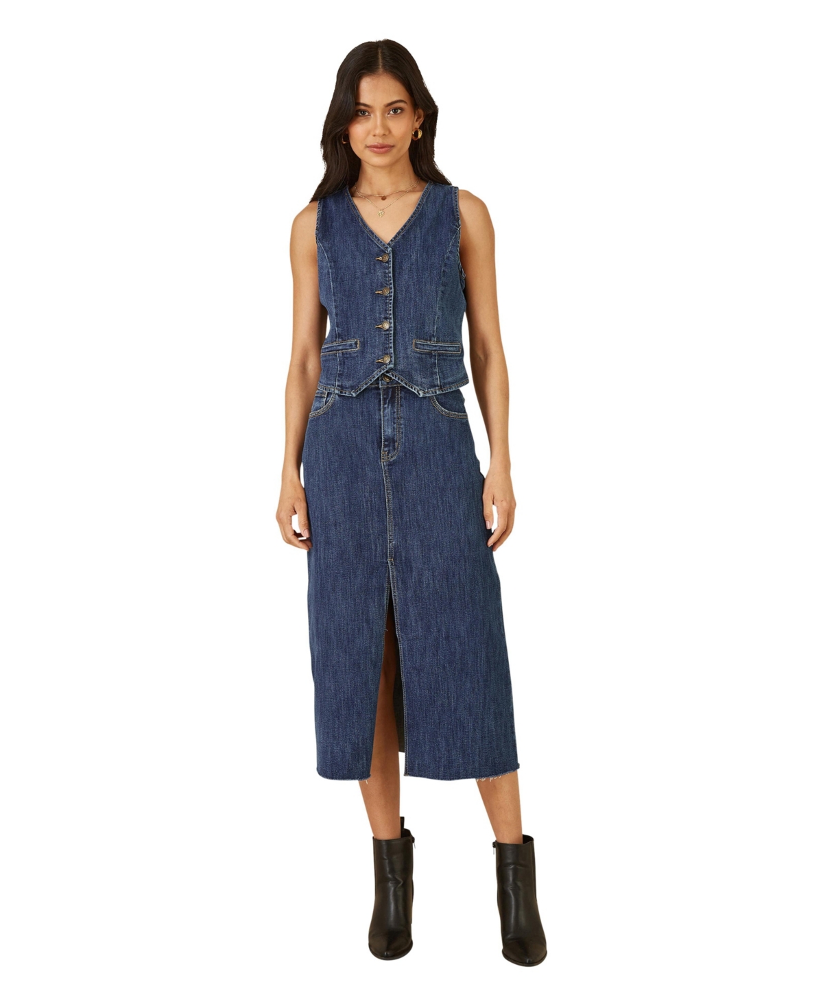Click here for Yumi Womens Button Up Denim Stretch Waistcoat - Bl... prices