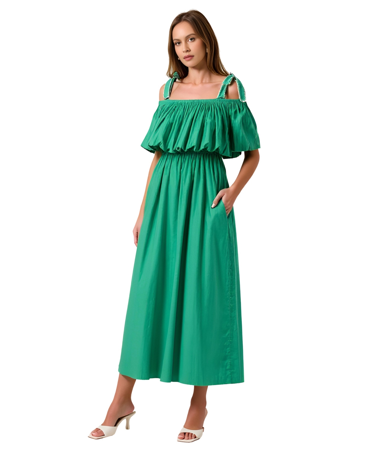 Click here for Modenaire Womens Off-Shoulder Ruffle Cotton Midi D... prices
