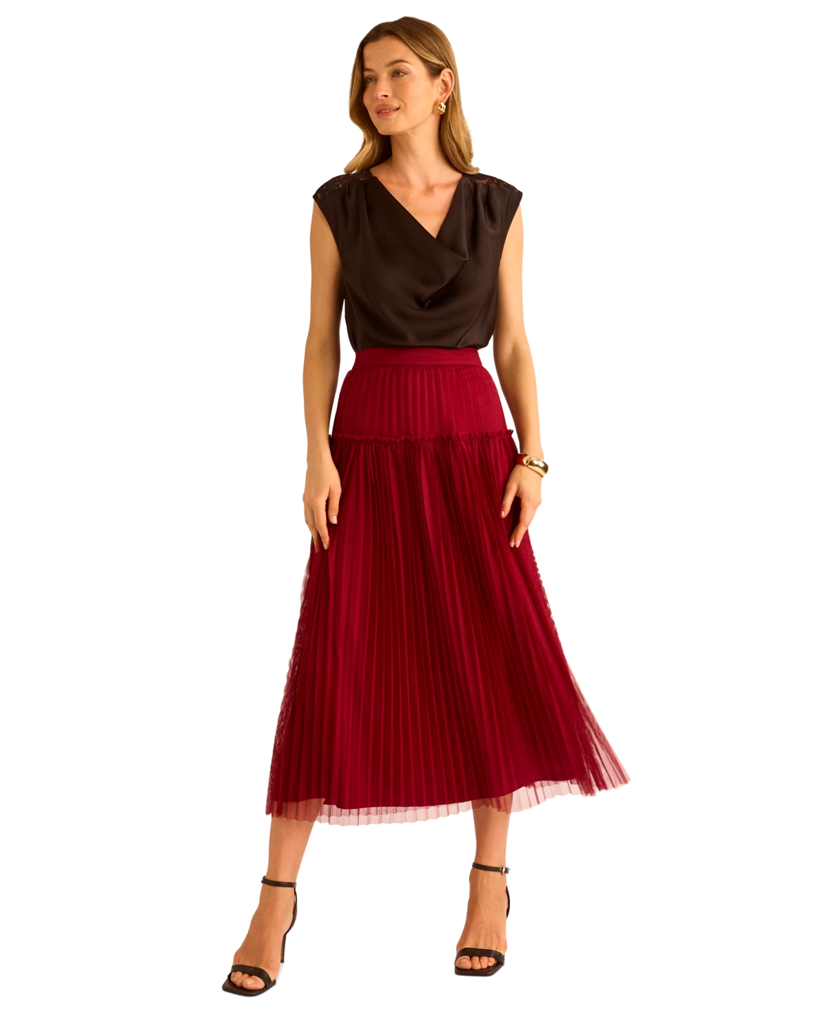 Vince Camuto Womens Pleated Pull On Midi Skirt - Crimson