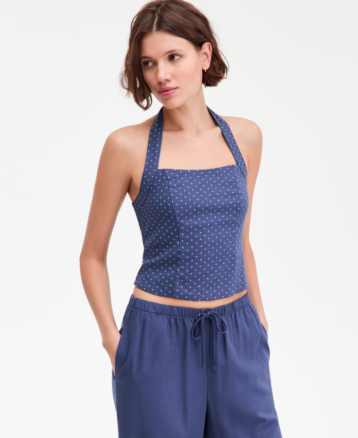 Click here for Hippie Rose Juniors Linen Halter Top - Indigo Dots prices
