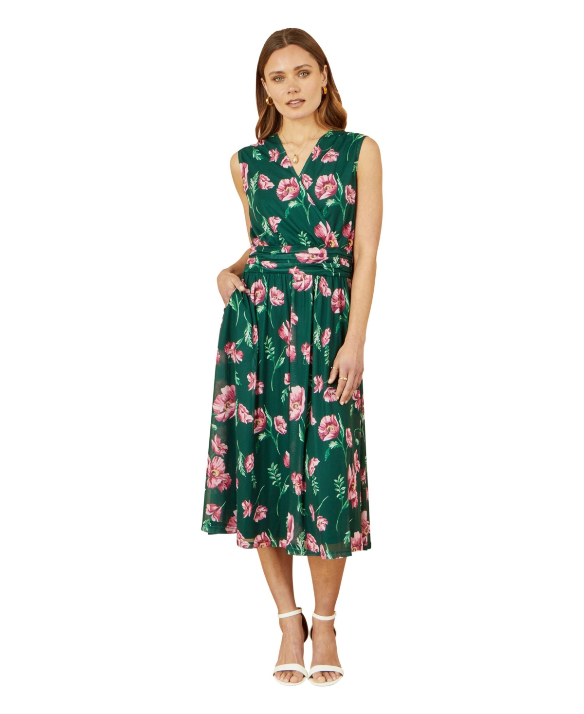 Click here for Yumi Womens Floral Mesh Midi Skater Dress - Green prices
