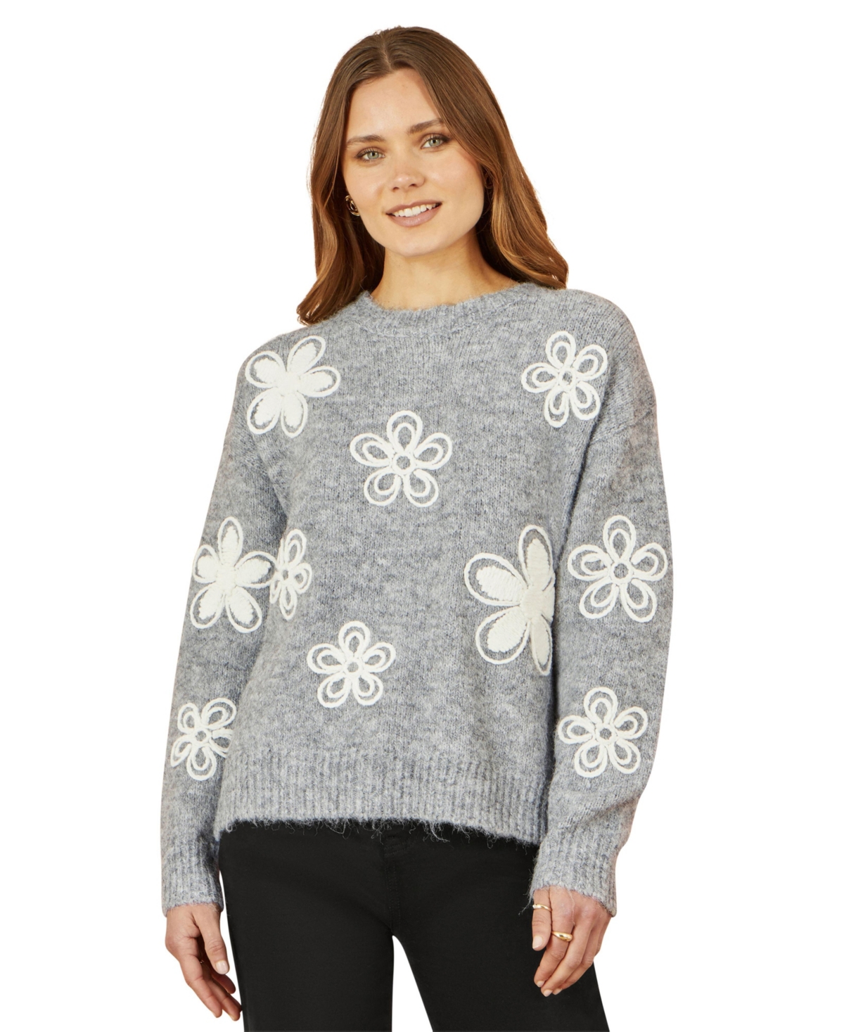 Click here for Yumi Womens Crochet Flower Knit Sweater - Grey prices