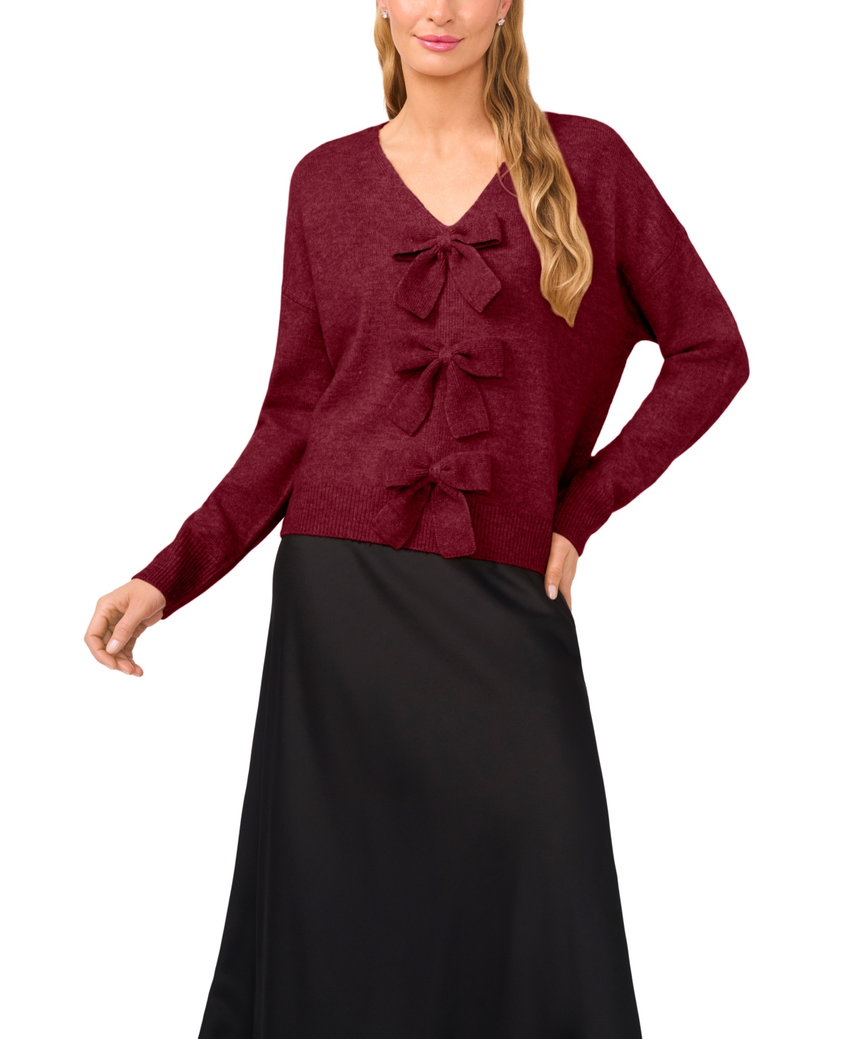 Click here for CeCe Womens Bow Detail V-Neck Sweater - Crisp Merl... prices