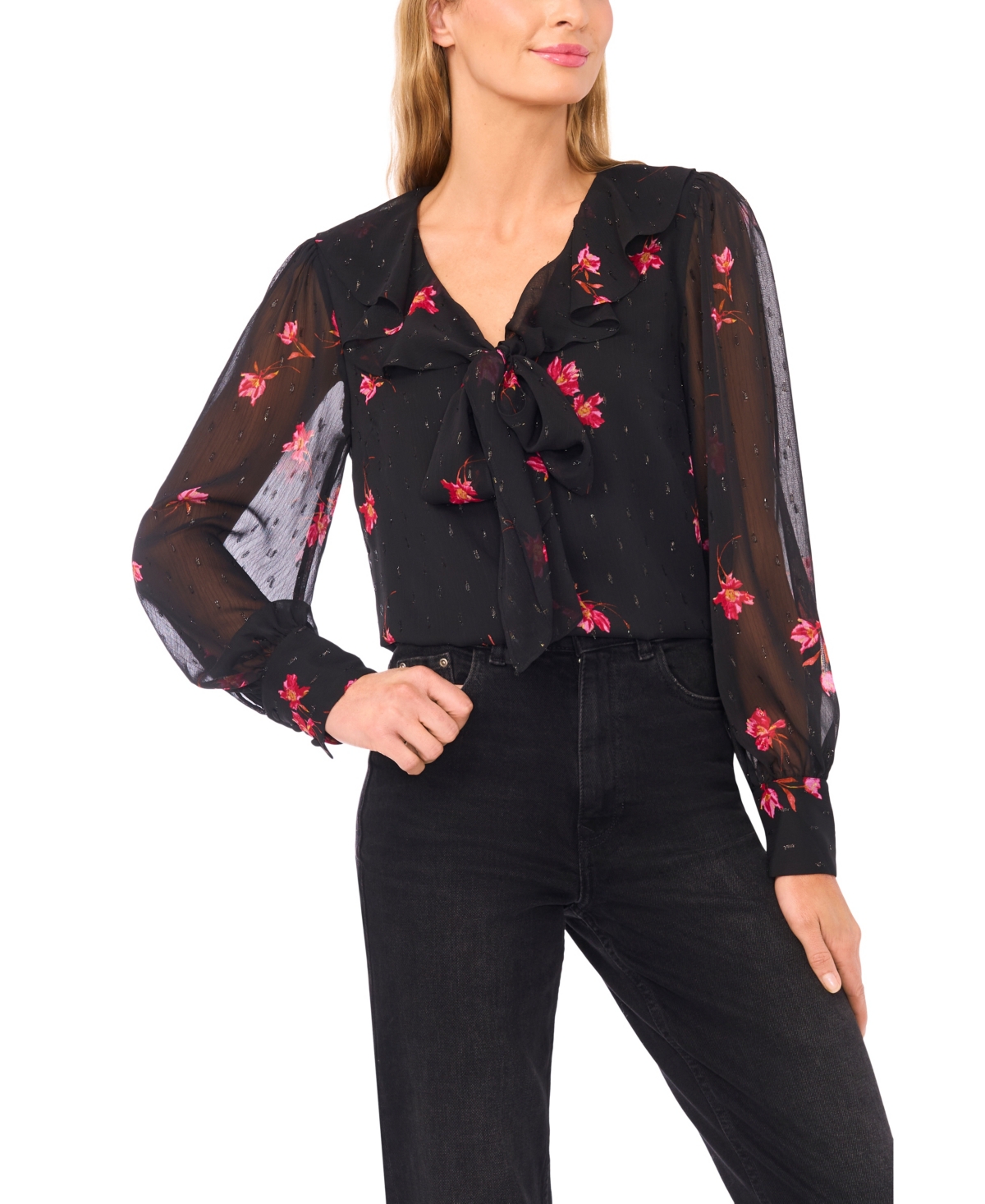 Click here for CeCe Womens Ruffle Tie V-Neck Top - Rich Black prices