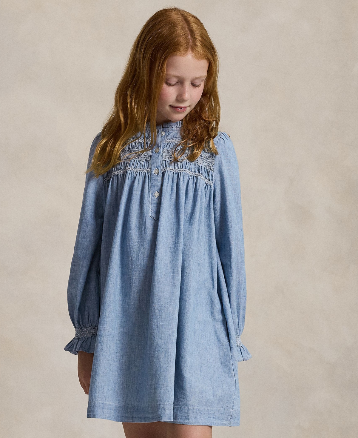 Polo Ralph Lauren Girls 7-16 Smocked Ruffle Trim Dress - New Medium Wash