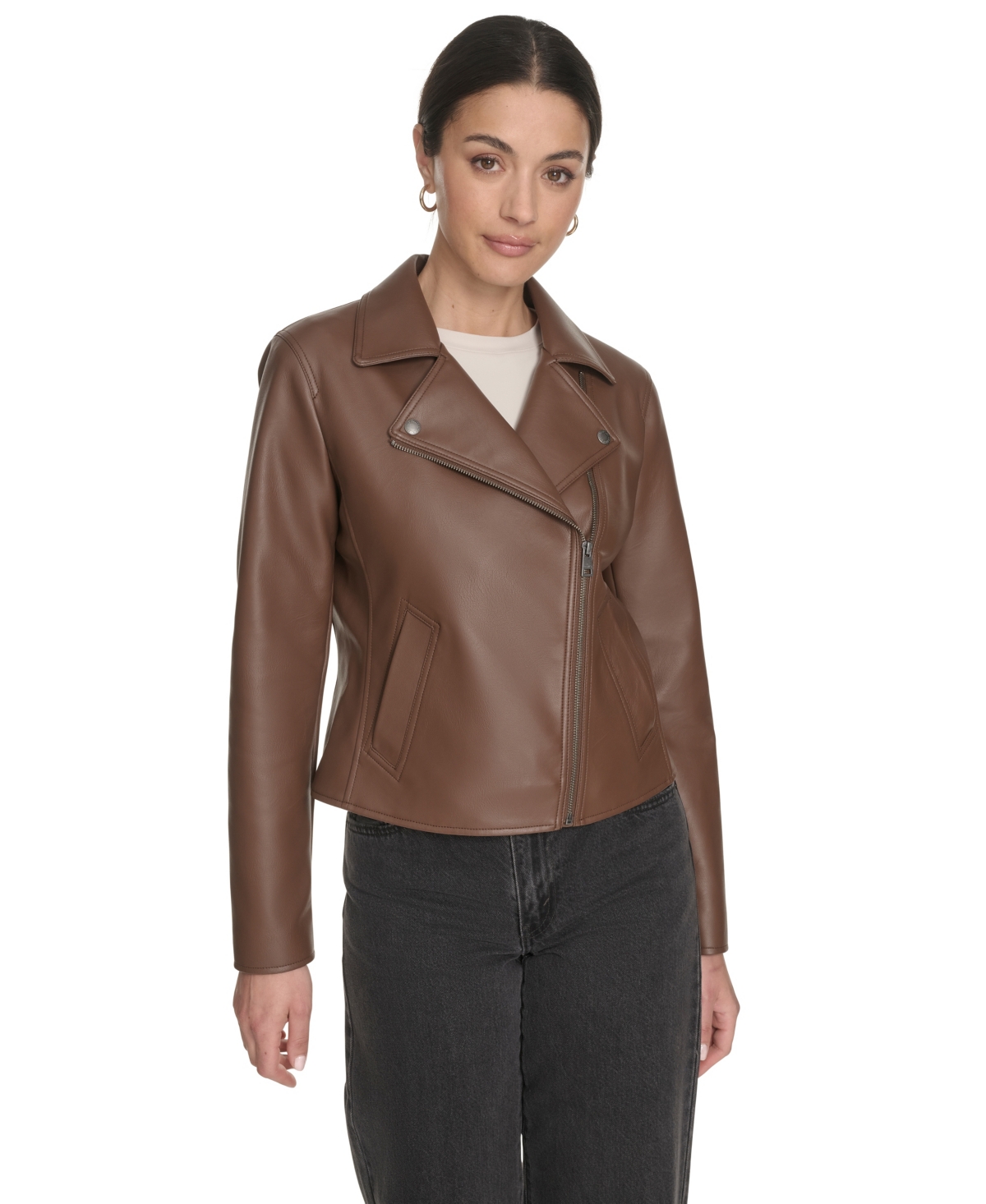 Levis Womens Faux-Leather Asymmetric-Zip Moto Jacket - Mocha