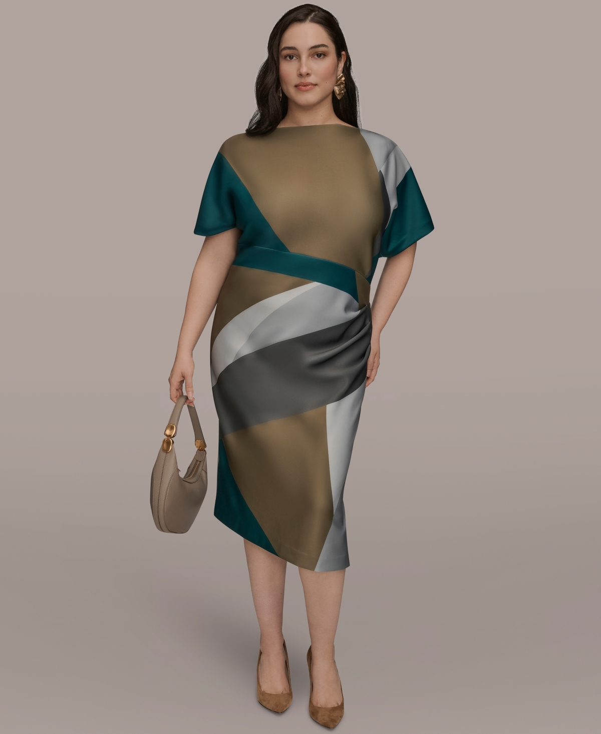 Donna Karan New York Plus Size Boat Neck Scuba Dress - Antique Green Multi