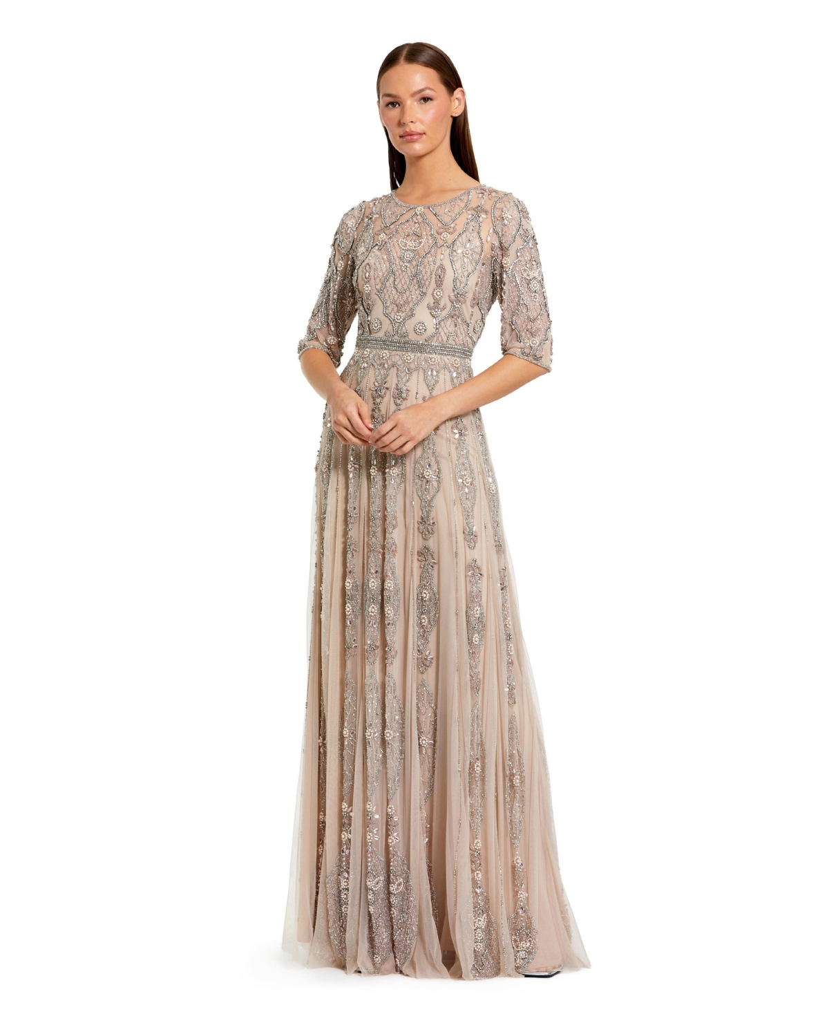 Click here for Mac Duggal Womens Beige 3/4 Sleeve Embellished A-l... prices