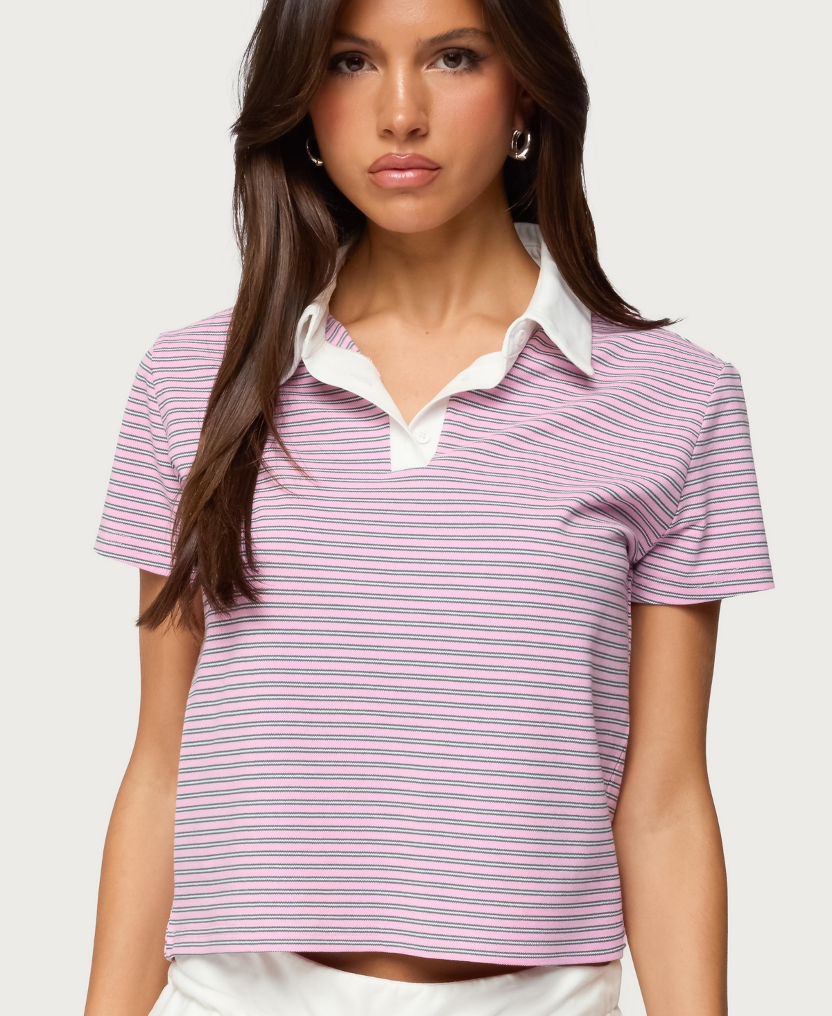 Click here for Edikted Womens Lennie Striped Polo Top - Pink prices