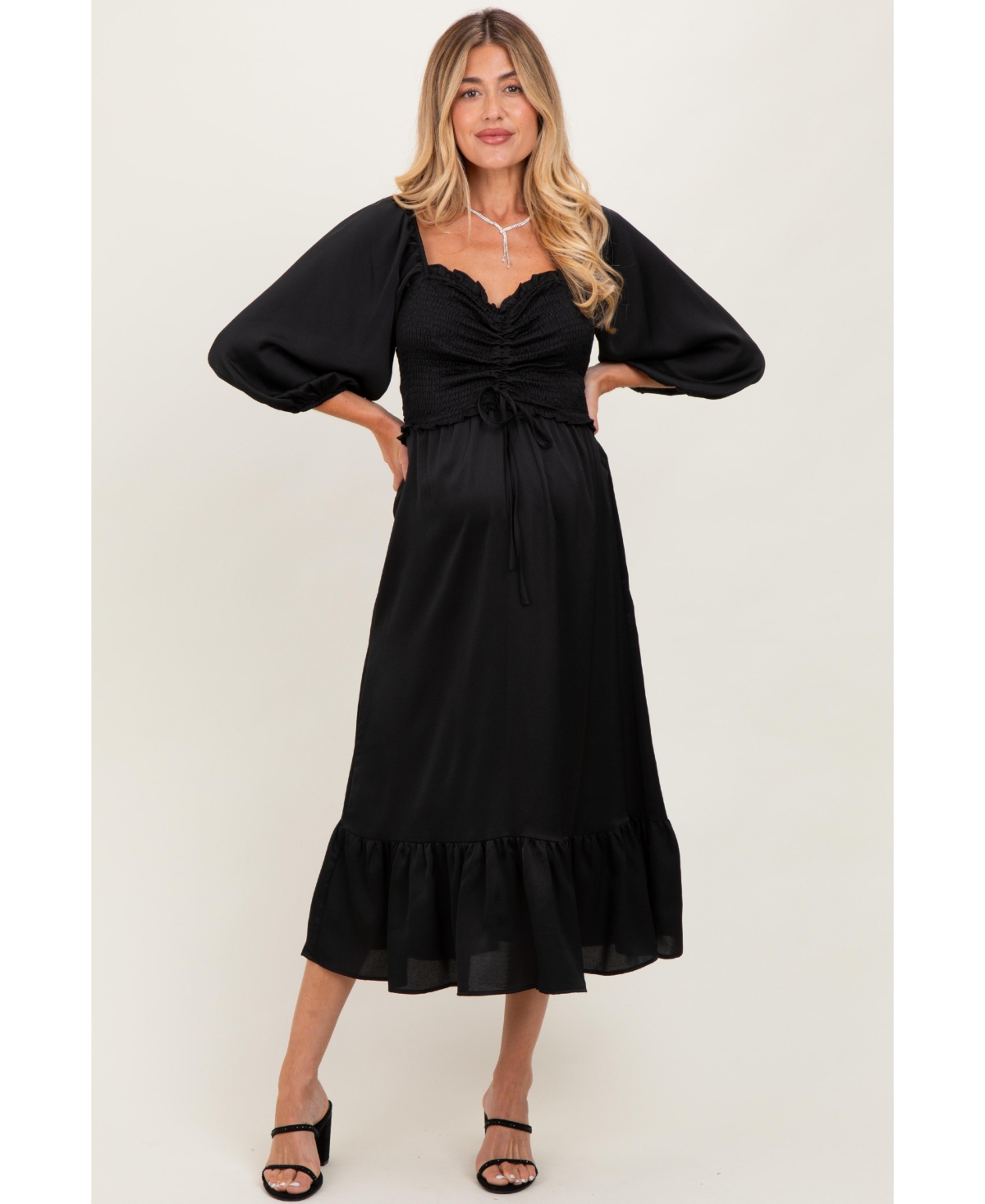 Click here for Pinkblush Maternity Black Satin Smocked Cinched Bu... prices