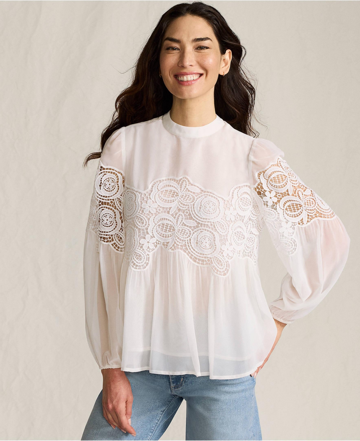 Click here for Lands End Womens Chiffon and Lace Blouse - Ivory prices