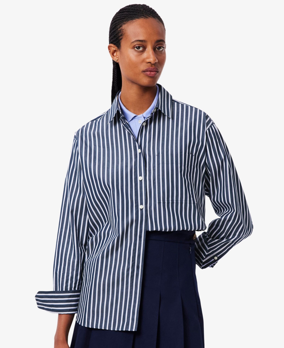 Click here for Lacoste Usa Womens Striped Oversized Shirt - Navy prices
