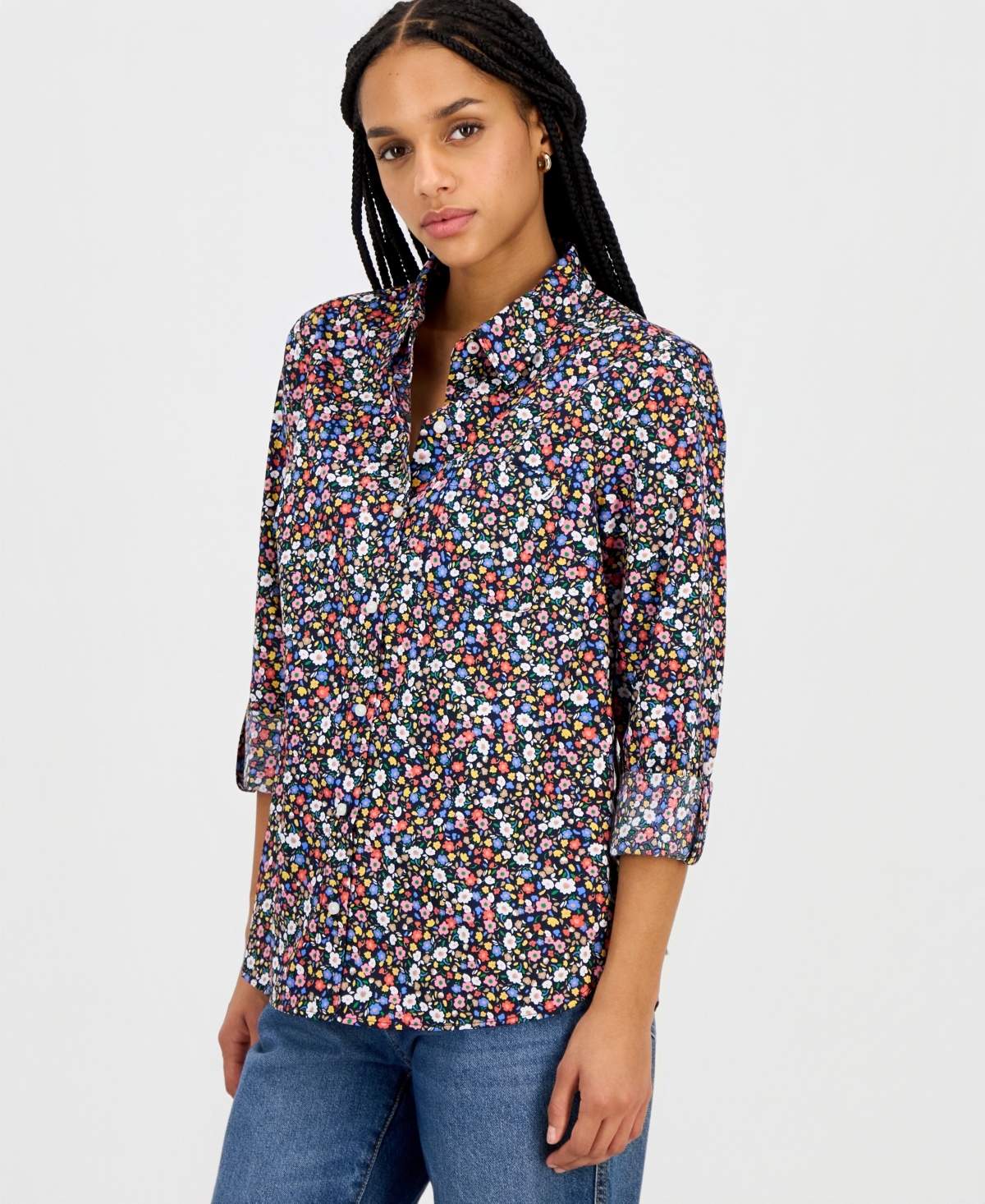 Click here for Nautica Jeans Womens Floral-Print Roll-Tab-Sleeve... prices