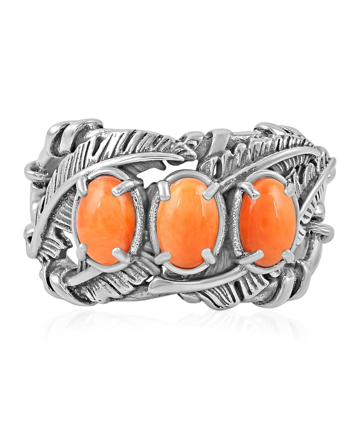 American West Jewelry Sterling Silver Orange Spiny Oyster Three Stone Feather Ring  Size