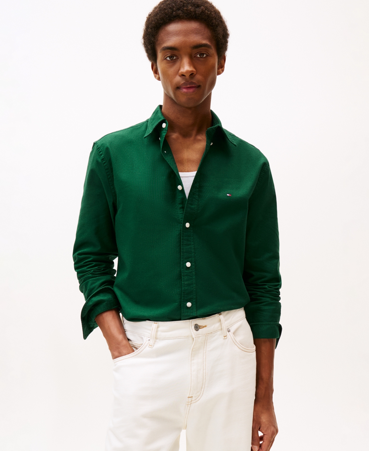Tommy Hilfiger Mens Regular-Fit Heritage Oxford Shirt - Ornamental Green Solid