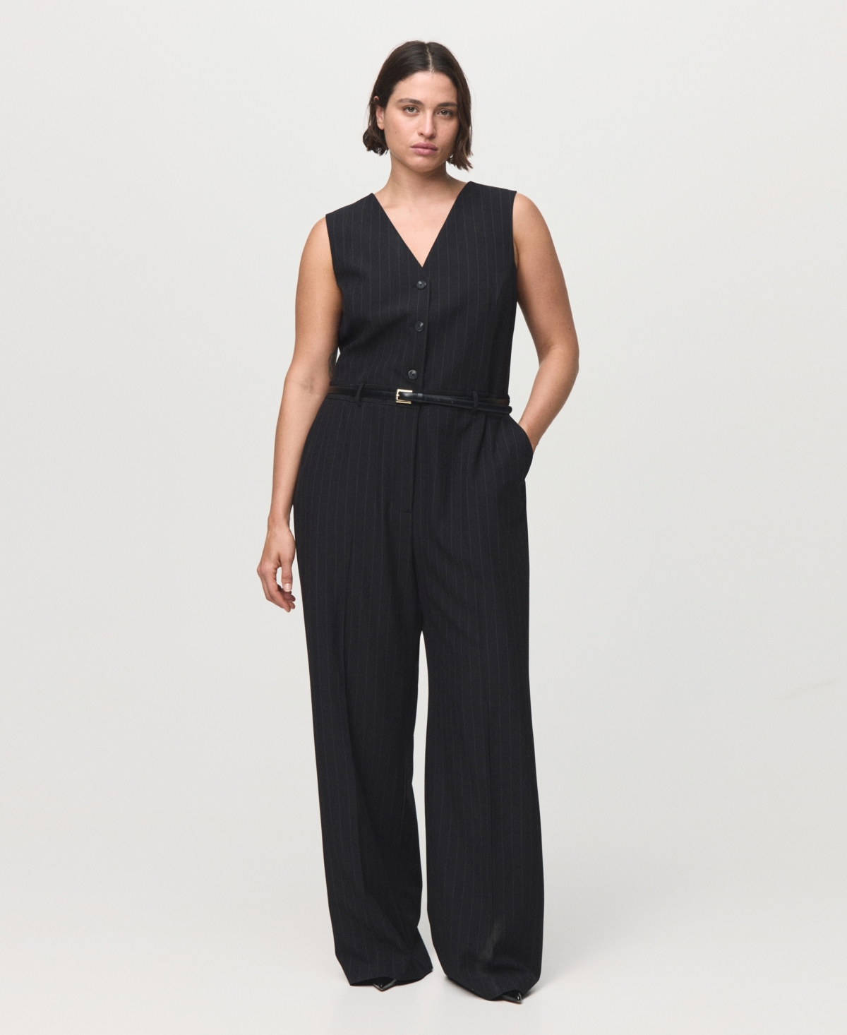 Click here for Mango Womens Belted Pinstripe Jumpsuit - Dark Navy prices