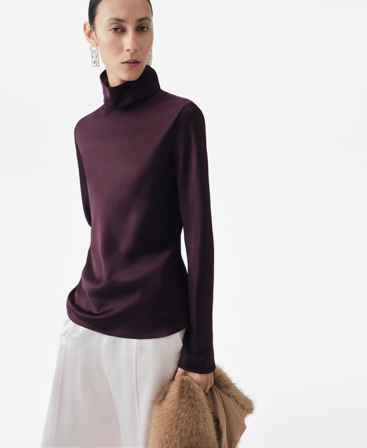 Click here for Mango Womens High Collar Satin Blouse - Purple prices