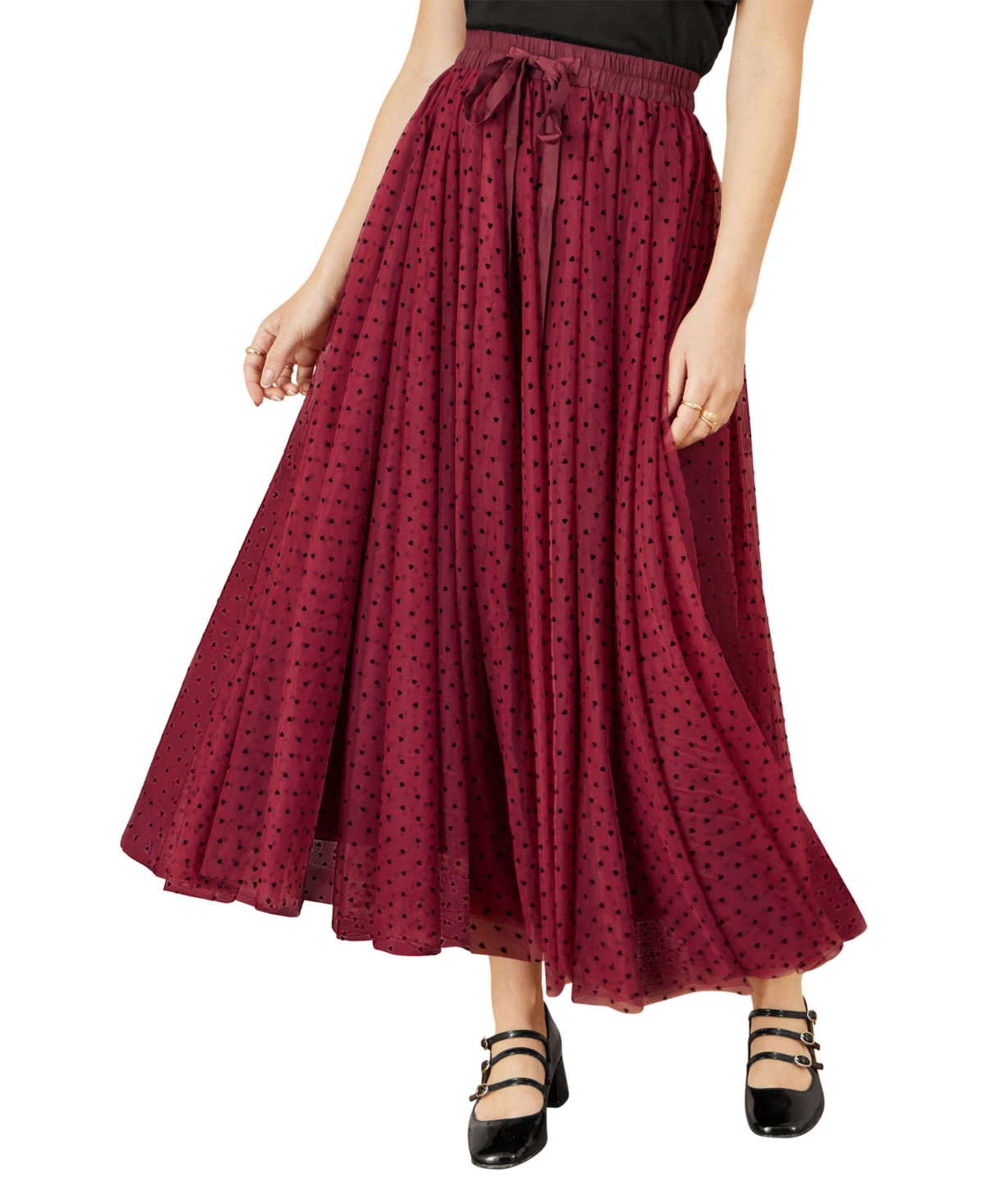 Click here for Yumi Womens Mesh Heart Print Tulle Skirt - Burgund... prices