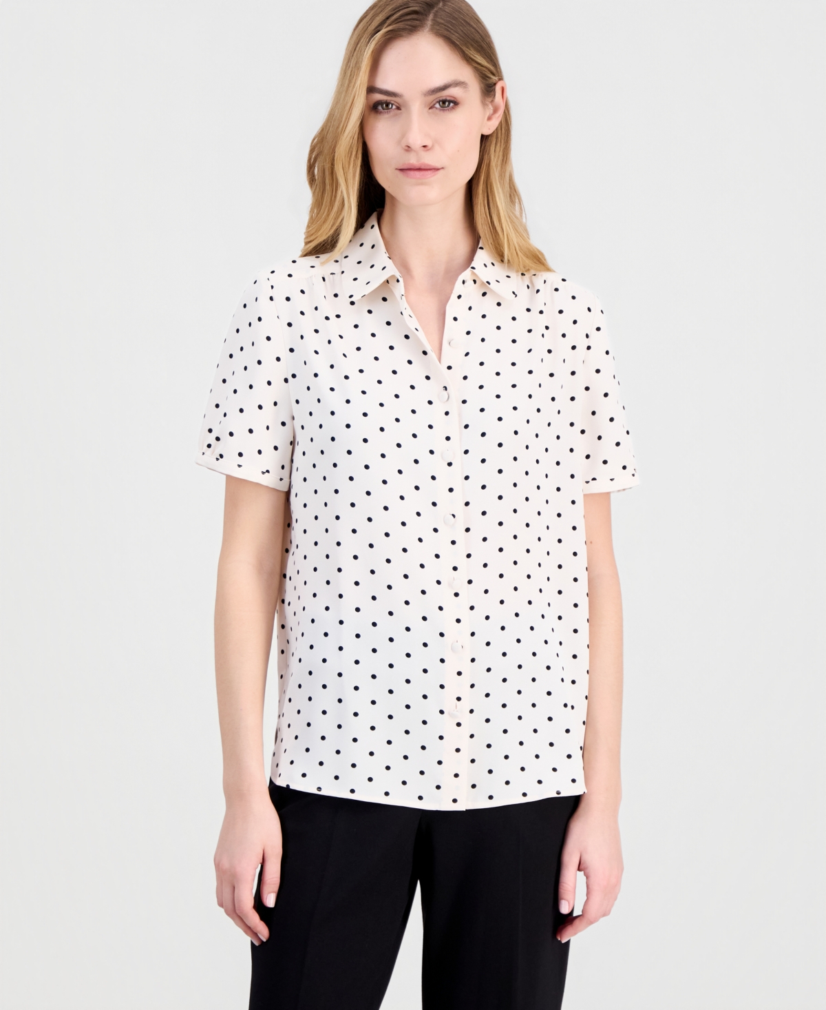 Click here for Anne Klein Cap-Sleeve Button-Up Blouse - White/Bla... prices