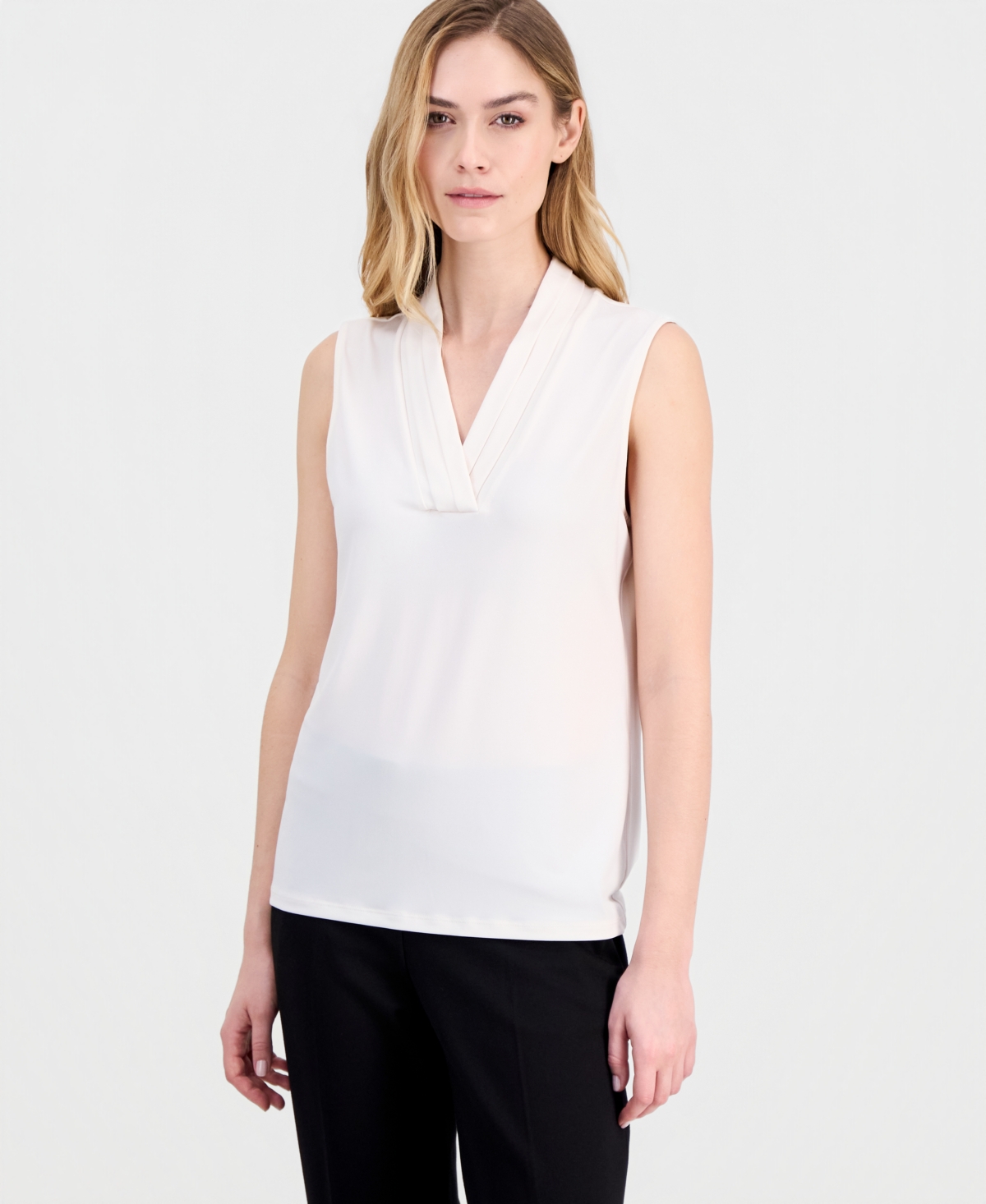 Anne Klein Womens Sleeveless Pleated V-Neck Shell Top - Anne White