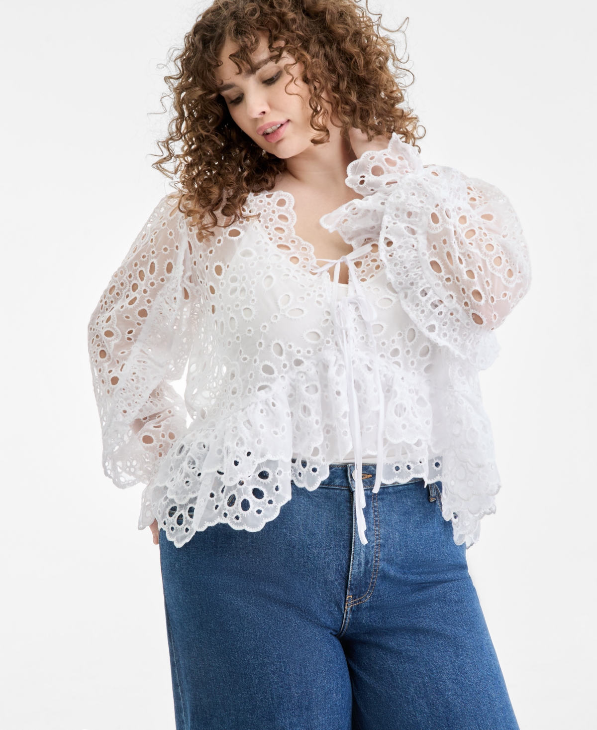 Click here for On 34th Trendy Plus Size Tie-Front Cut-Work Blouse... prices