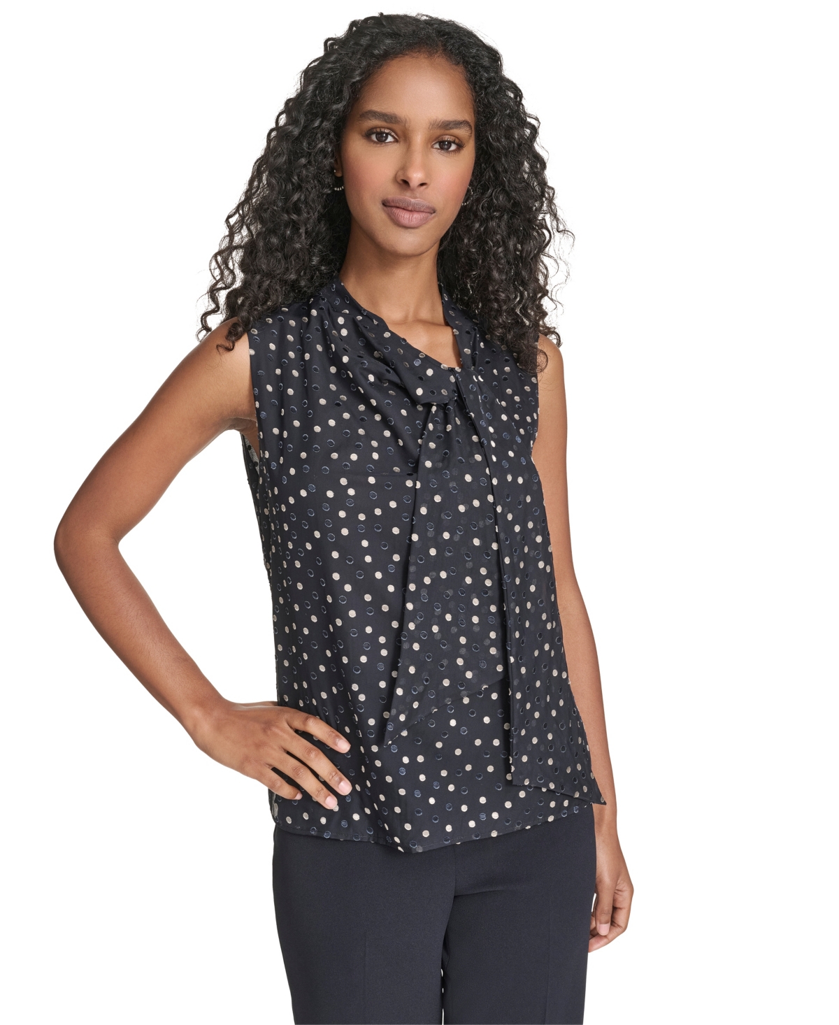 Click here for Calvin Klein Womens Textured Tie Neck Top - Navy/O... prices