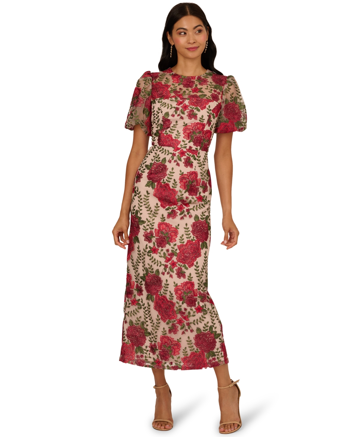 Click here for Adrianna Papell Womens Embroidered Puff Sleeve Dre... prices