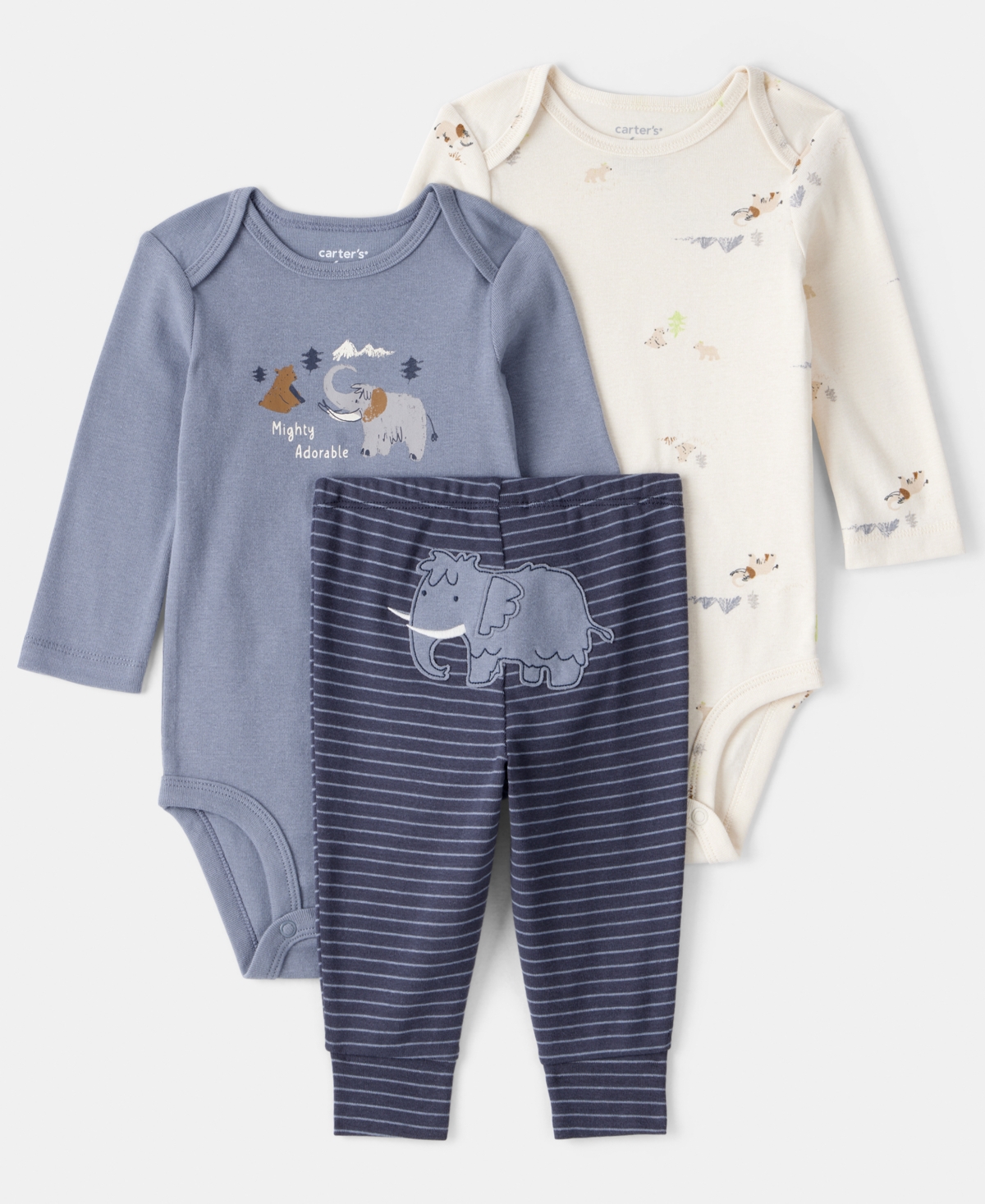 Carters Baby Boys 3-Piece Elephant Print Long-Sleeve Bodysuit and Pants Set - Blue/White