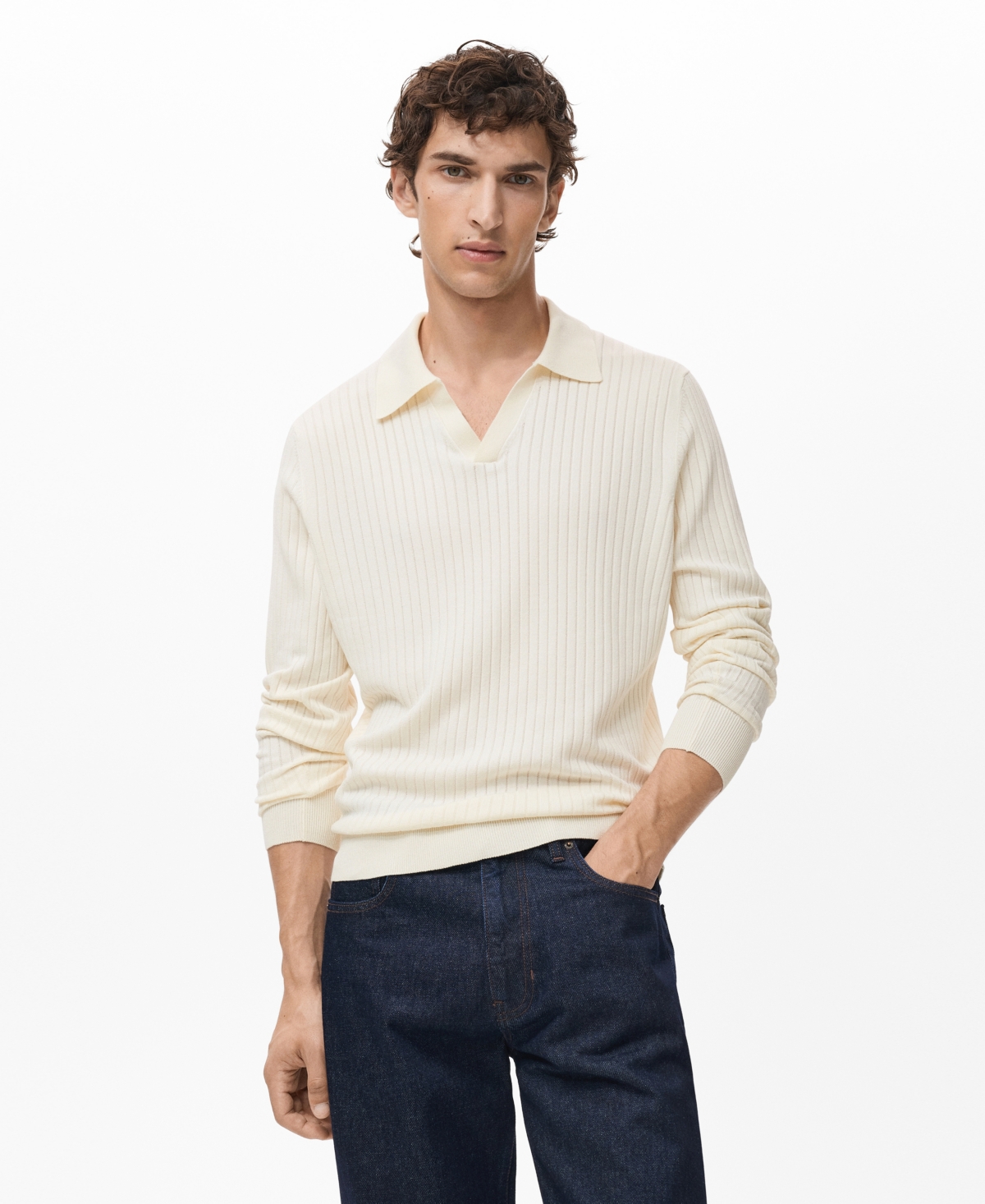 Click here for Mango Mens Ribbed Knitted Polo Sweater - Off White prices