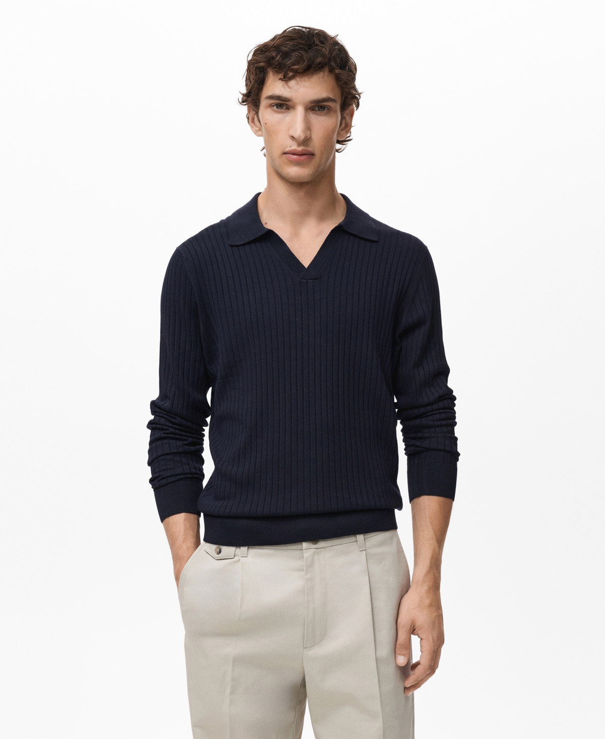 Click here for Mango Mens Ribbed Knitted Polo Sweater - Navy prices