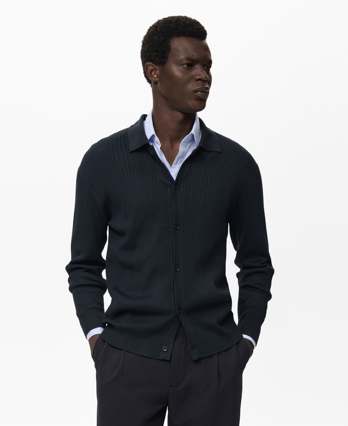 Click here for Mango Mens Ribbed Knit Cardigan - Navy prices
