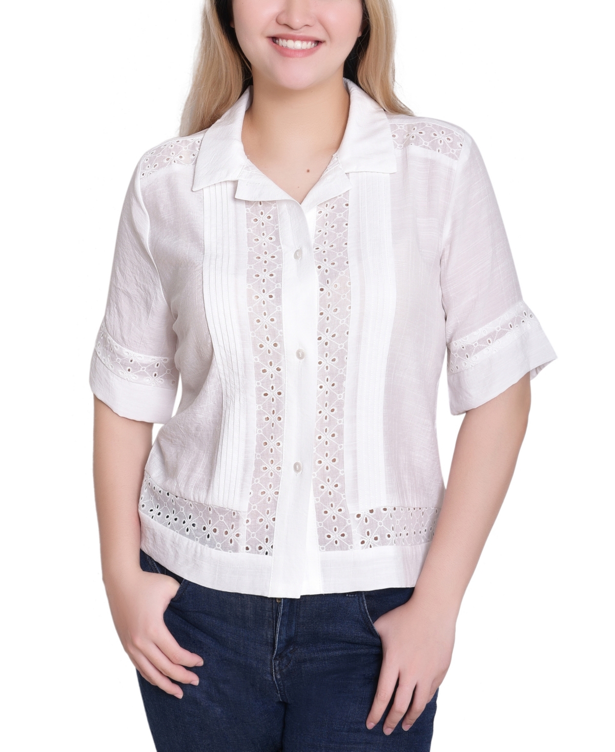 Click here for Ny Collection Petite Short sleeve Eyelet Collared... prices
