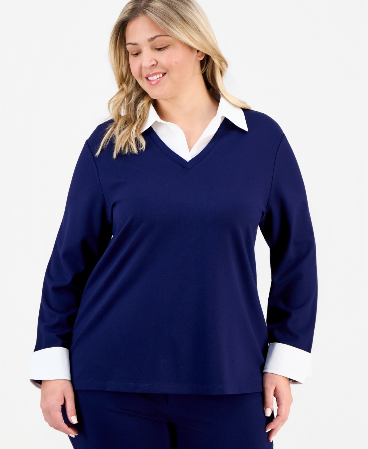 Click here for Jones New York Plus Size Collared V-Neck Knit Top... prices