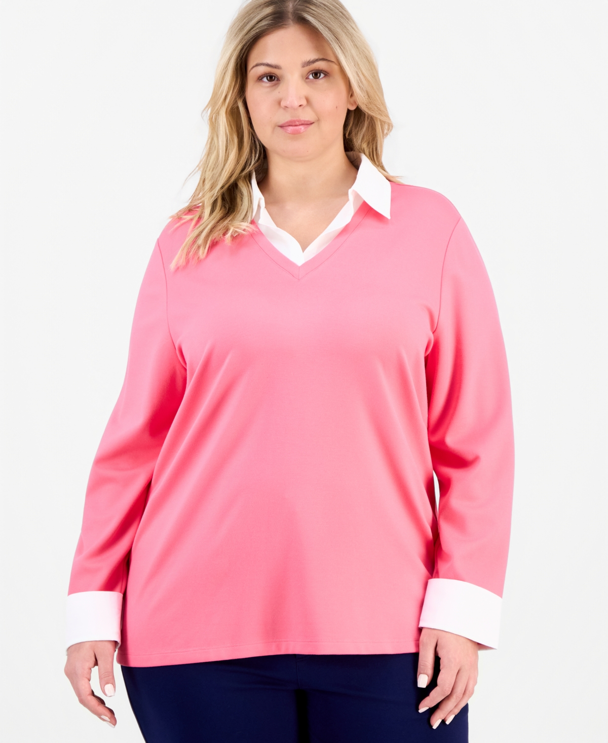 Click here for Jones New York Plus Size Collared V-Neck Knit Top... prices
