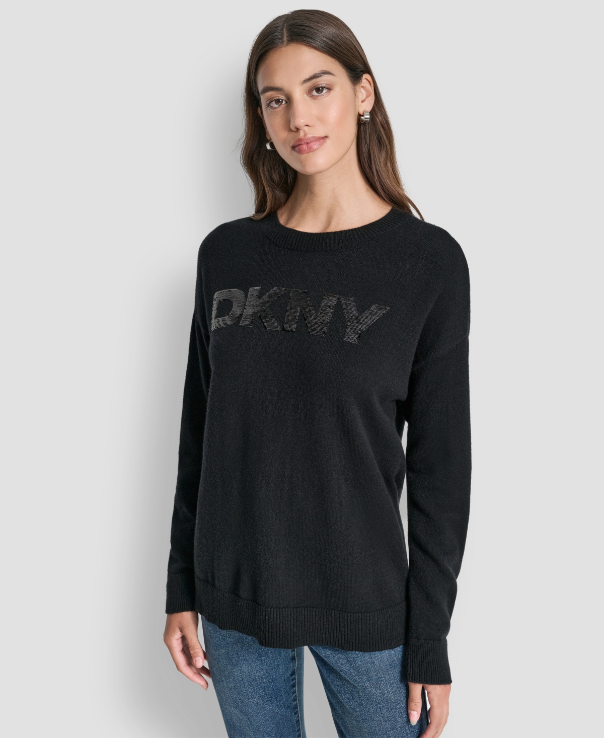 Click here for Dkny Jeans Womens Logo Sequined Long-Sleeve Sweate... prices