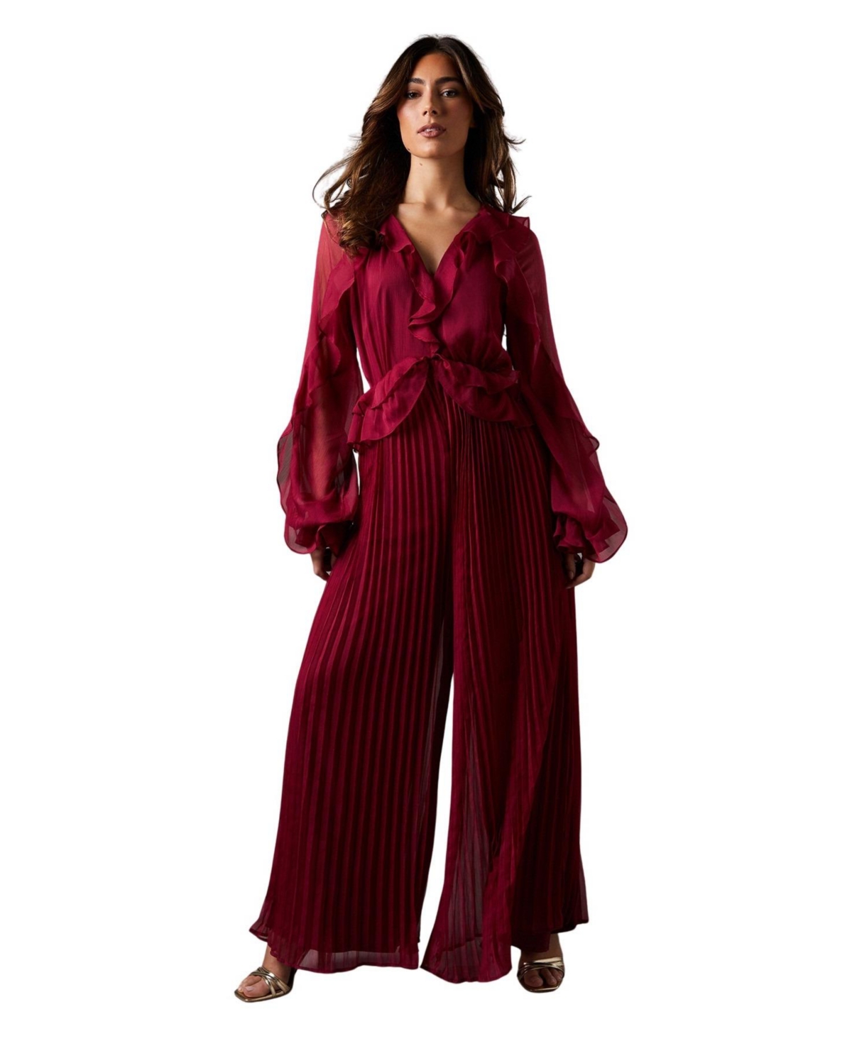 Click here for Coast Womens Soft Chiffon Frill Jumpsuit - Berry prices