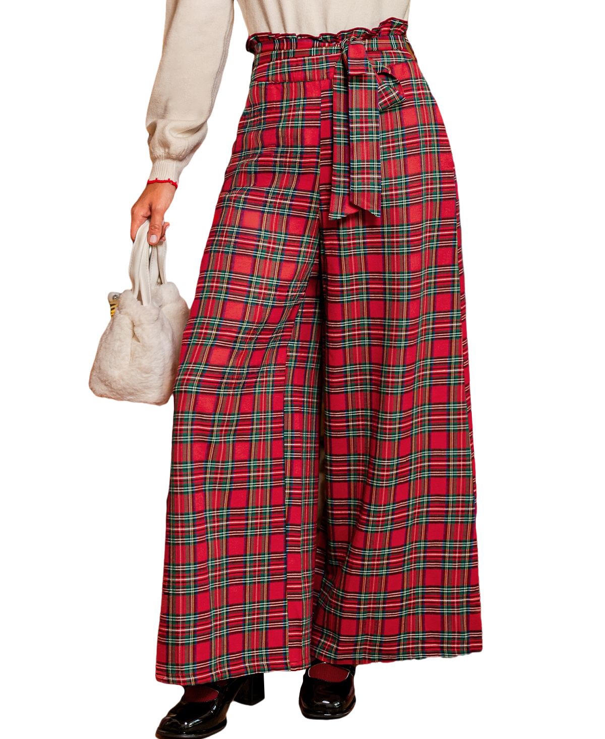 Click here for Cupshe Womens Plaid High Waist Wide Leg Pants - Re... prices